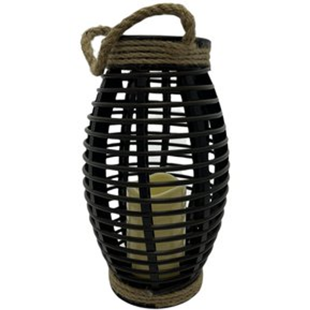 Linterna Redonda Negra En Cuerda De Yute Con Luz A Batería