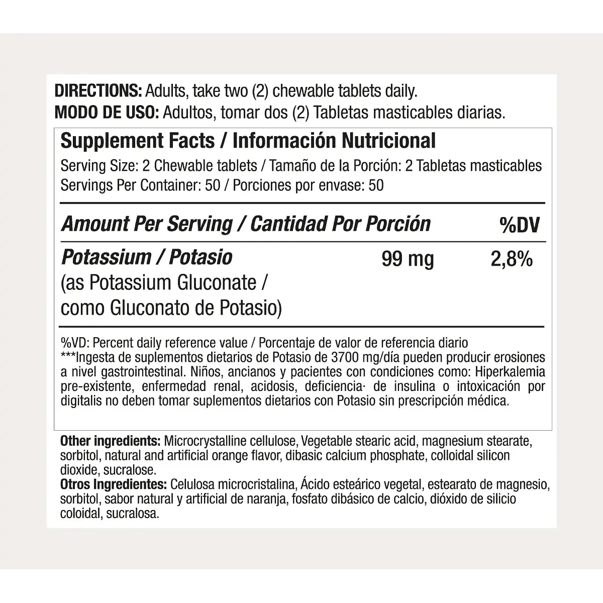 Suplemento de Potasio Masticable 595 mg - 100 Tabletas ...