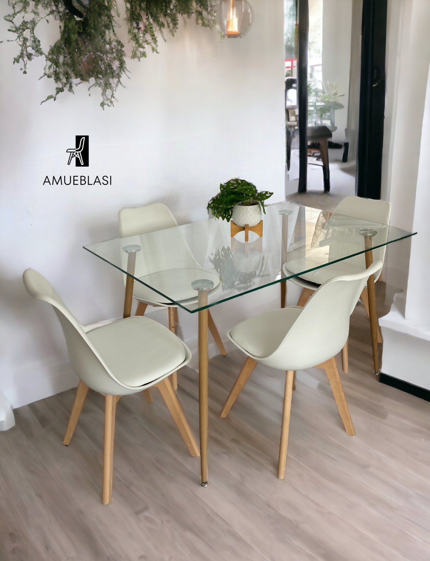 Mesa Rectangular Vidrio Paris 120x80 cm + Sillas Tulip