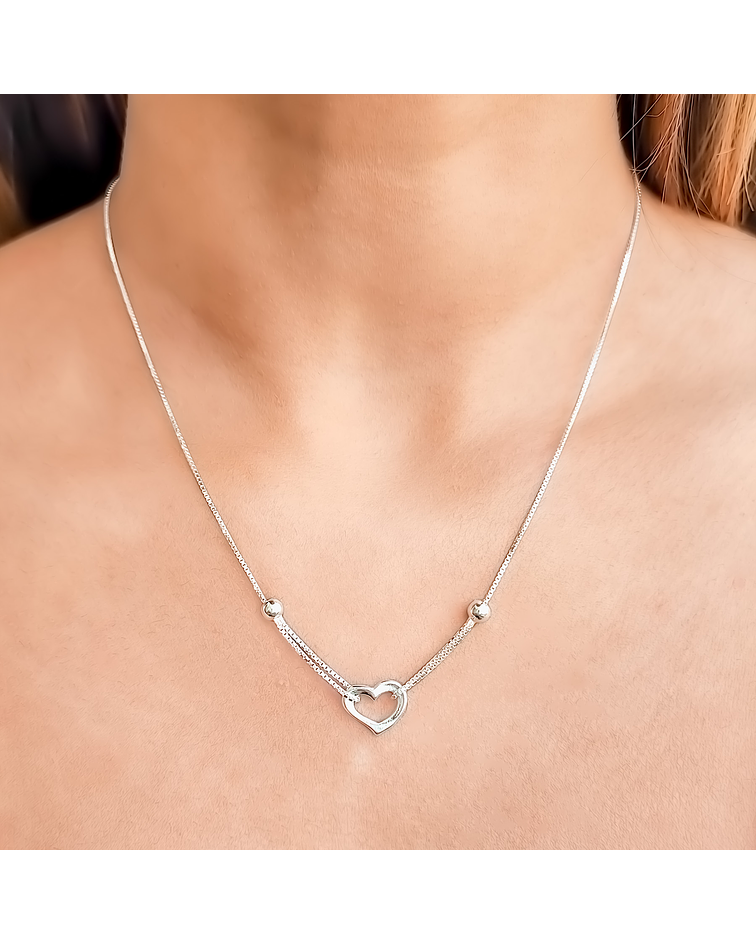 Collar Corazón Bolitas 45cm Plata Fina 925