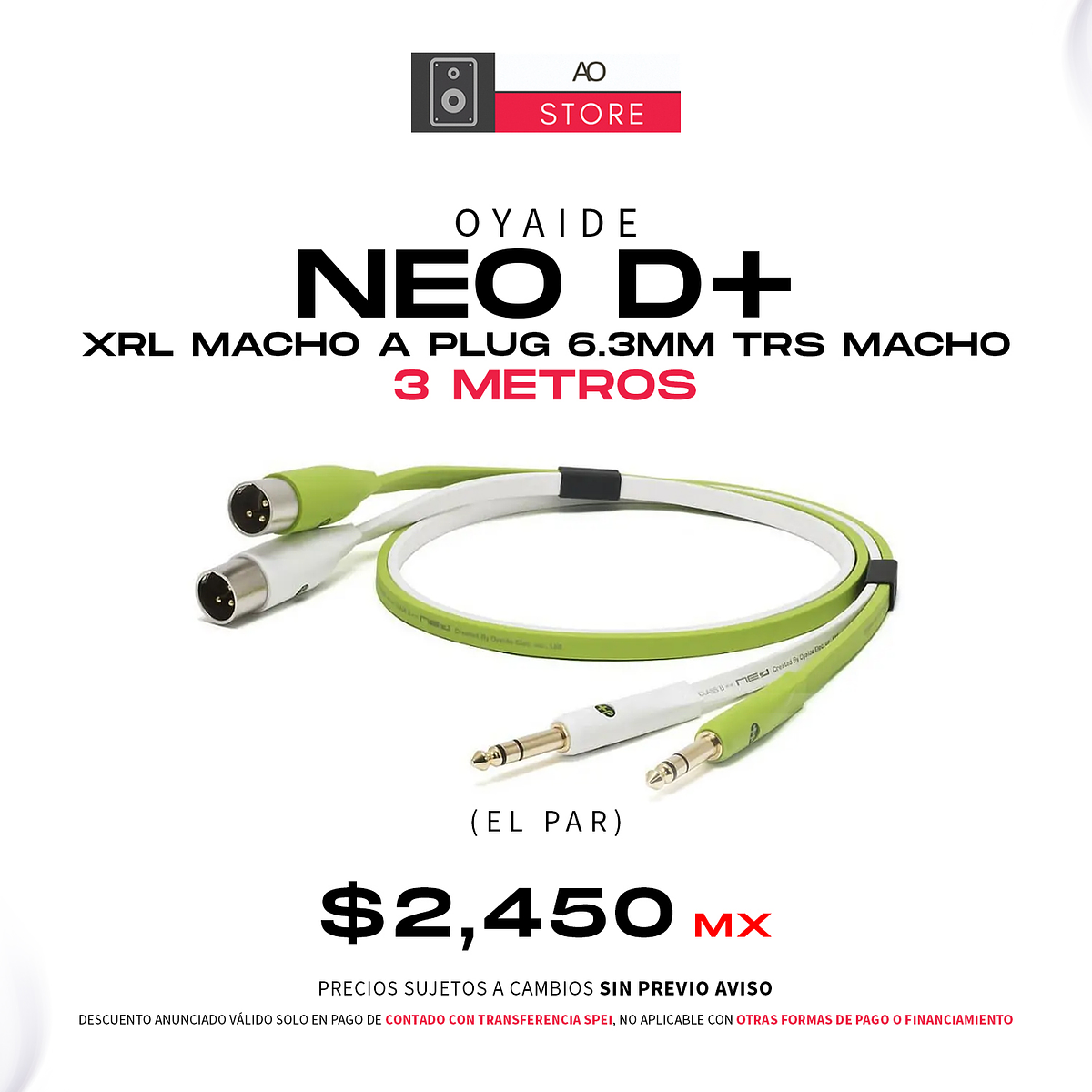 Oyaide Neo D+ XLR Macho a Plug 6.3mm TRS Macho 3 Metros (Par
