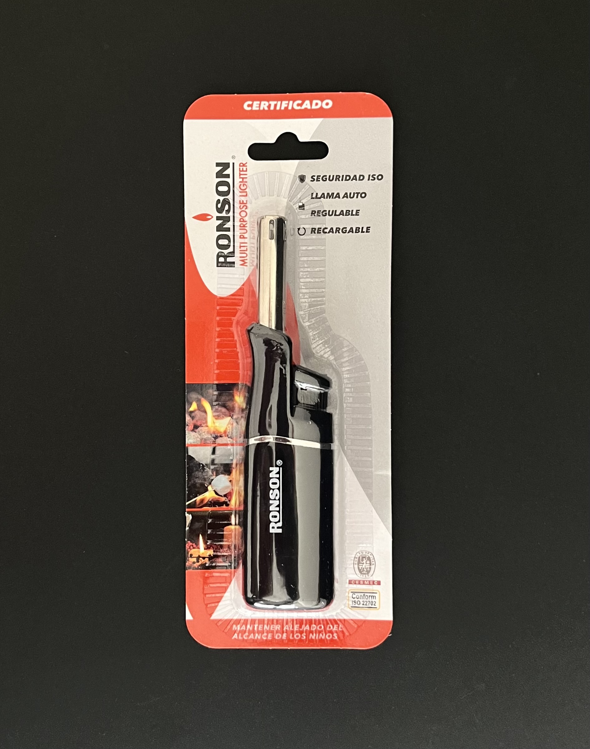 Chispero recargable corto, regulable. Seguridad ISO. Color a