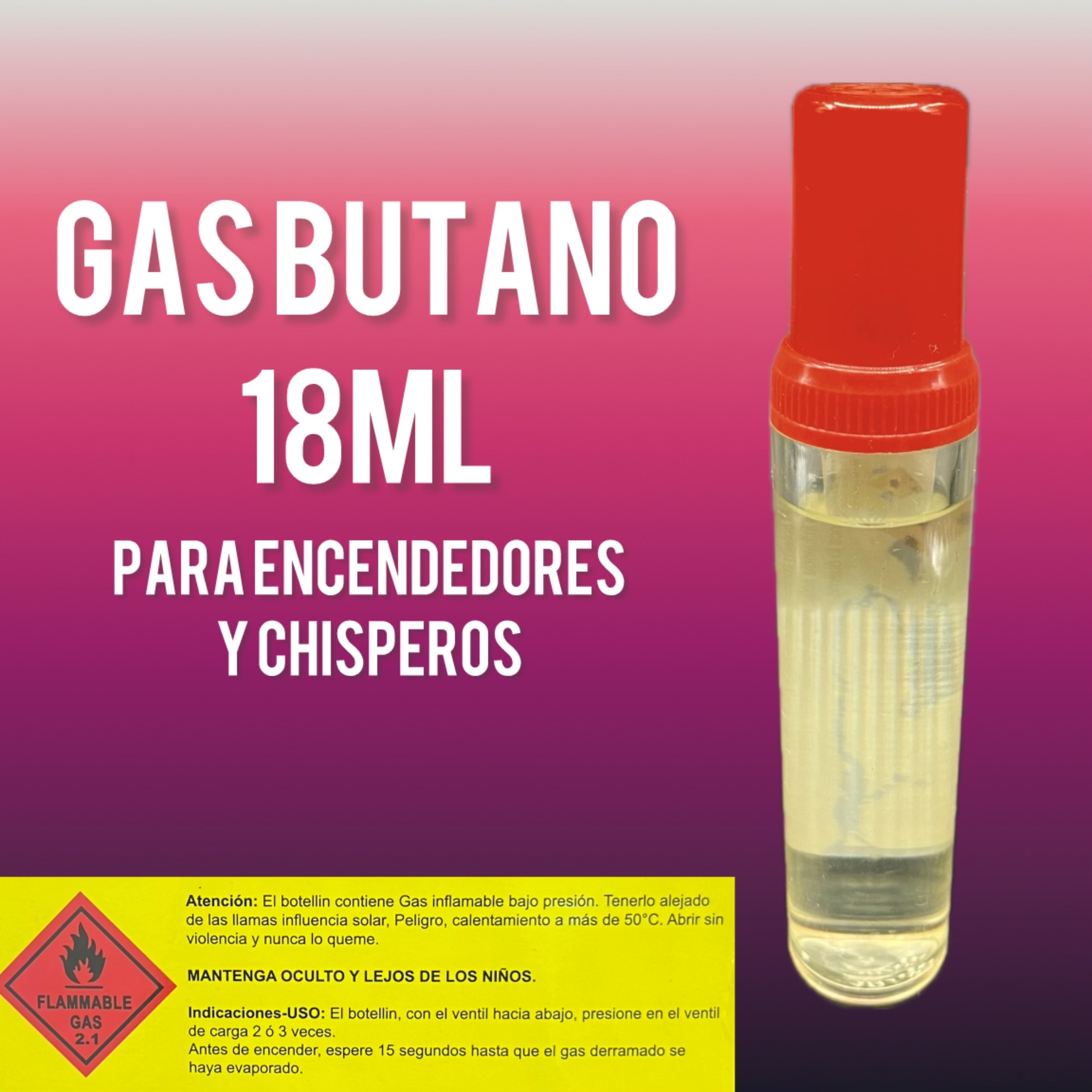 Gas Butano 18ml para encendedores y chisperos. Color al Azar