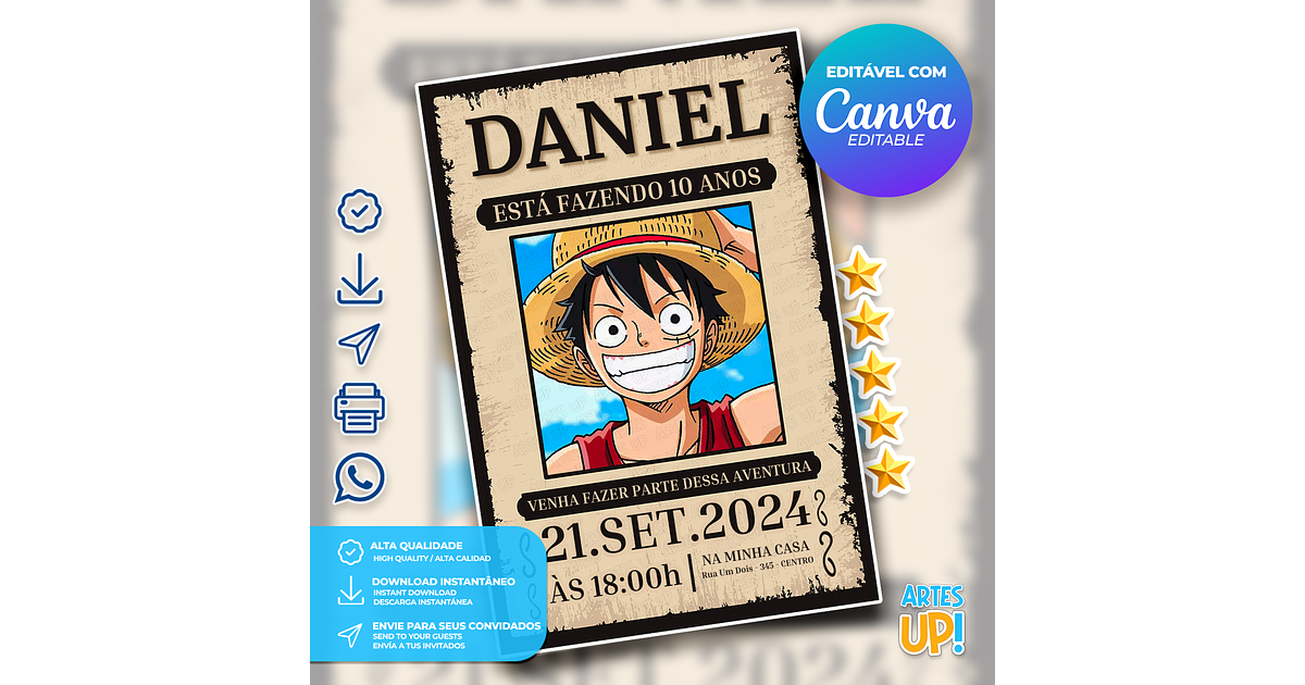 Invitación de cumpleaños de One Piece Wanted