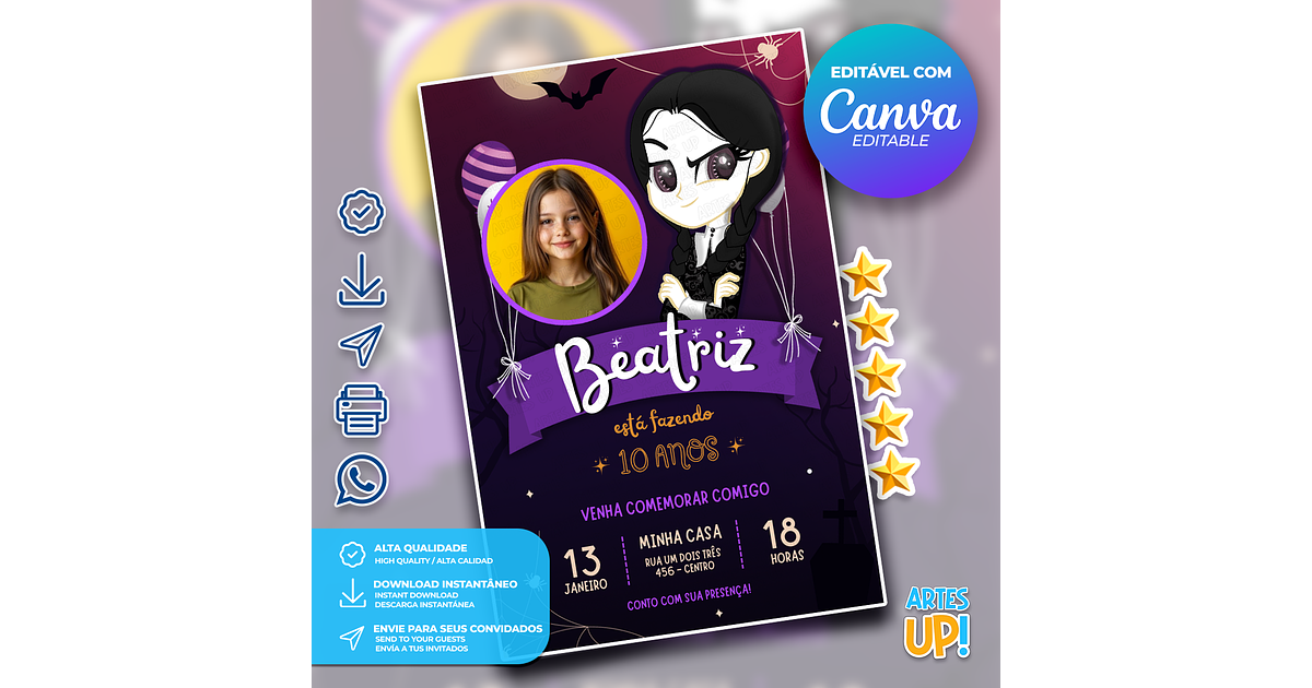 Invitación de cumpleaños de Merlina Addams con foto