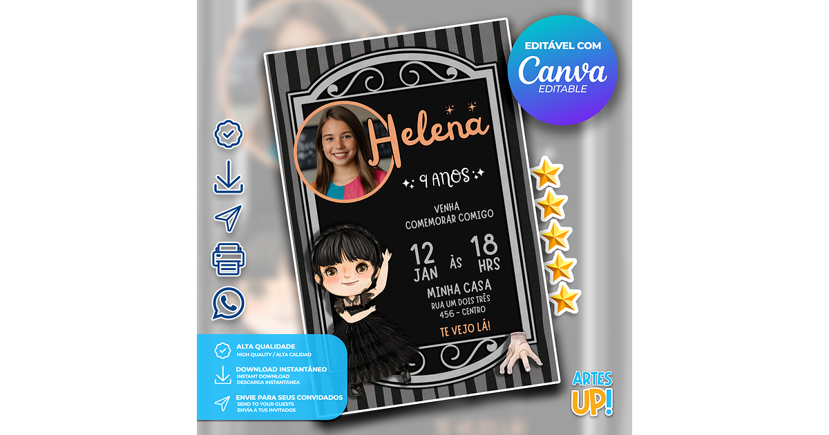 Invitación de cumpleaños de Merlina Addams con foto