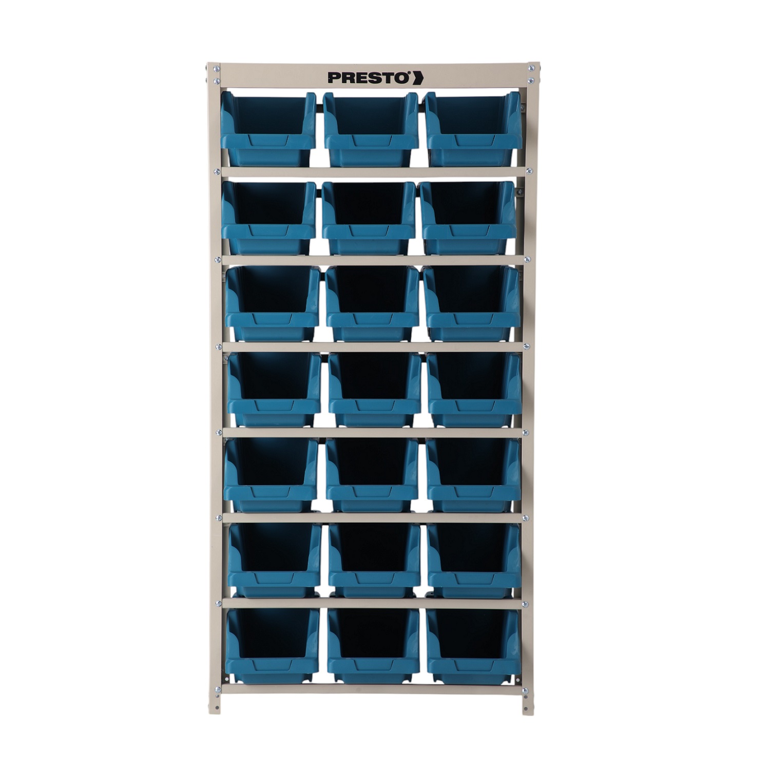 Rack 34x75x150 cm con 21 cajas de 22x34x18 cm