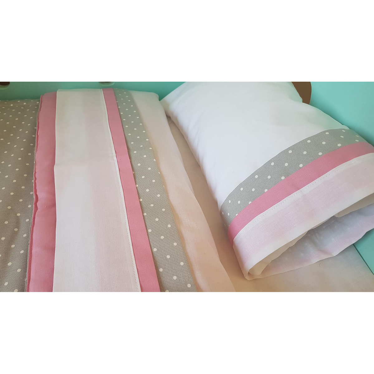 Kit de Cuna - Gris Puntos Blancos - Rosado Liso