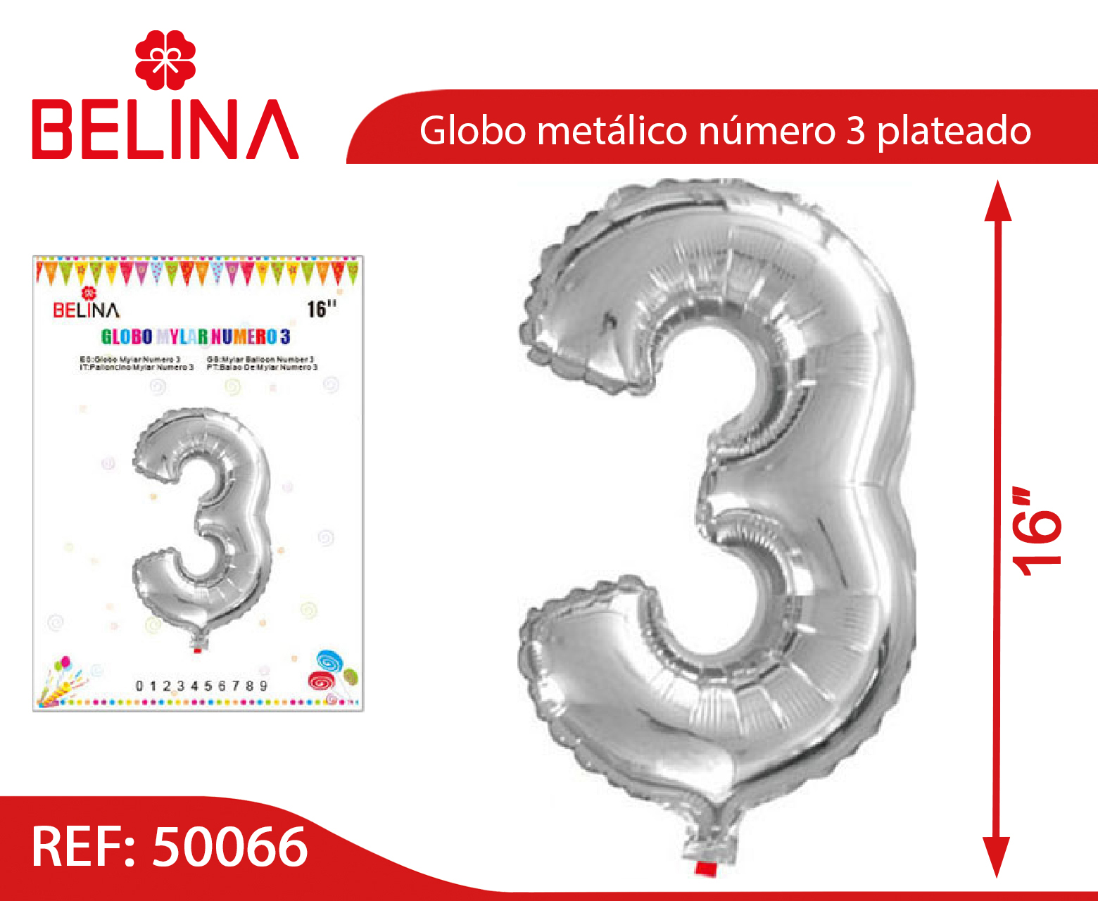 Globo Número 3 Plata 16 Pulgadas - Belina Cotillón