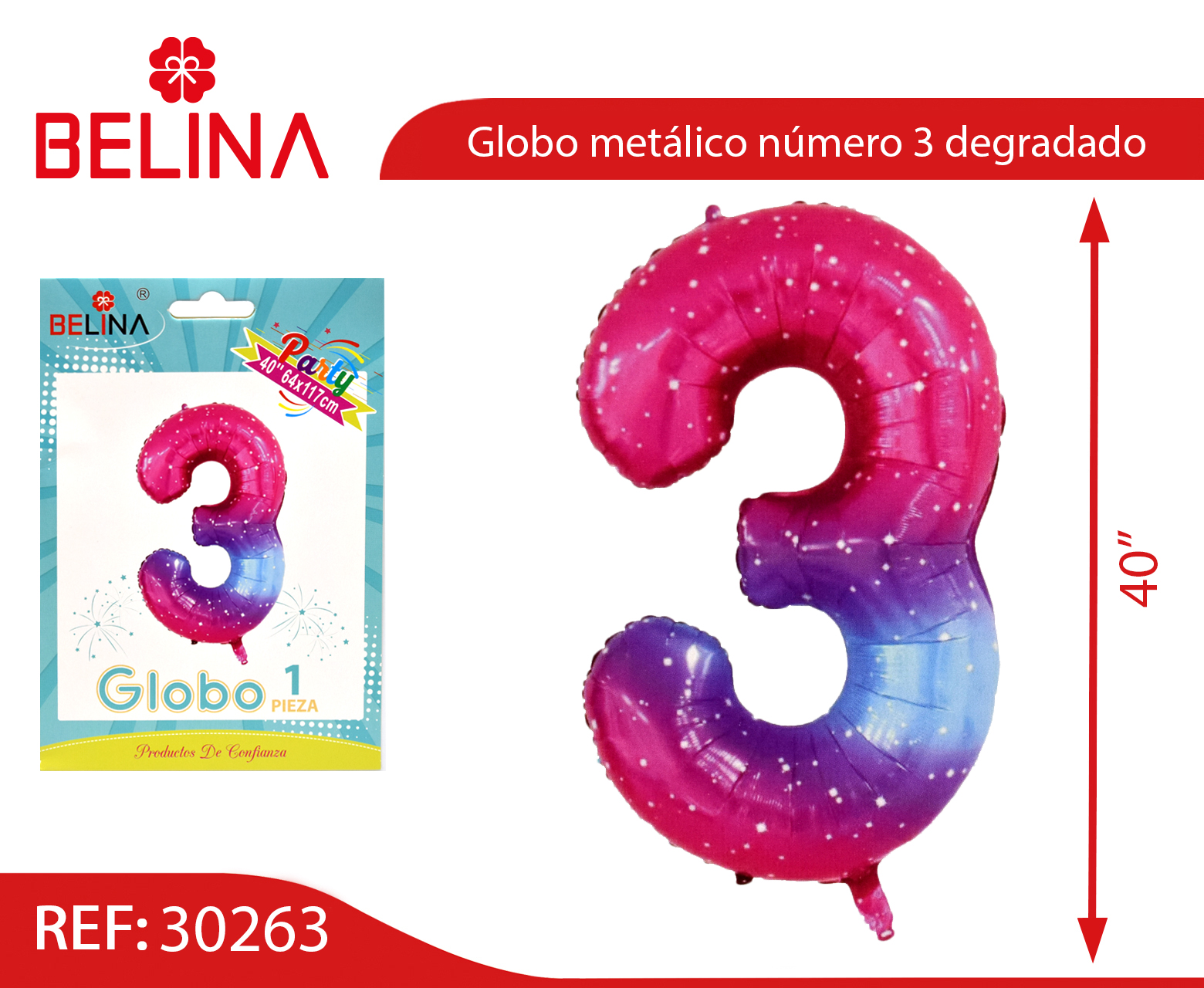 Globo metálico número 3 degradado– Belina Cotillón