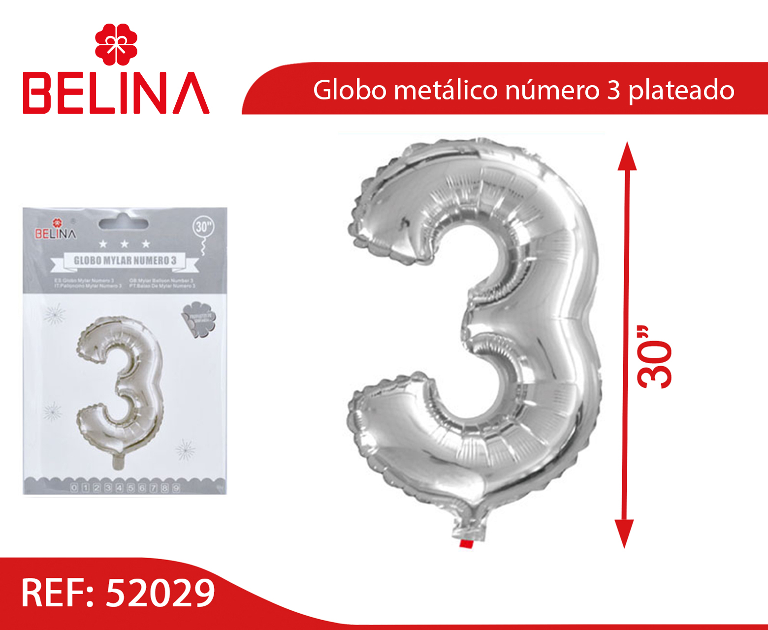 Globo Número 3 Plata 30 Pulgadas - Belina Cotillón