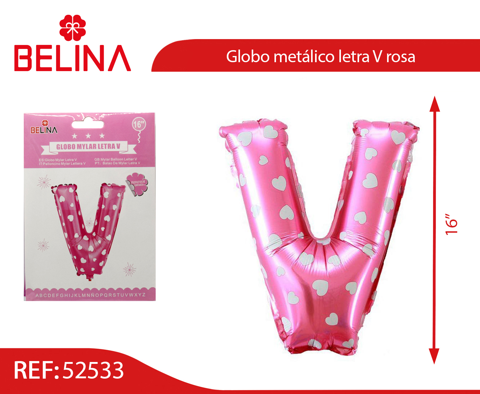 Globo Letra V Rosa 16 Pulgadas - Belina Cotillón