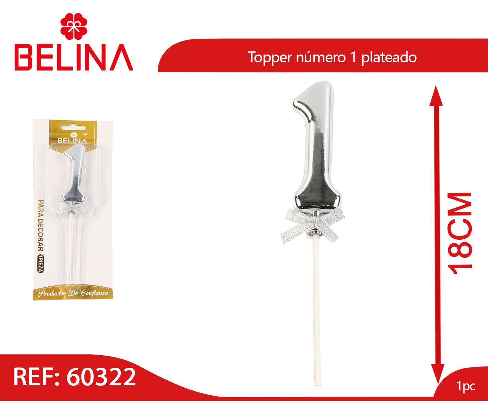 Topper de número 1 plateado – Belina Cotillón