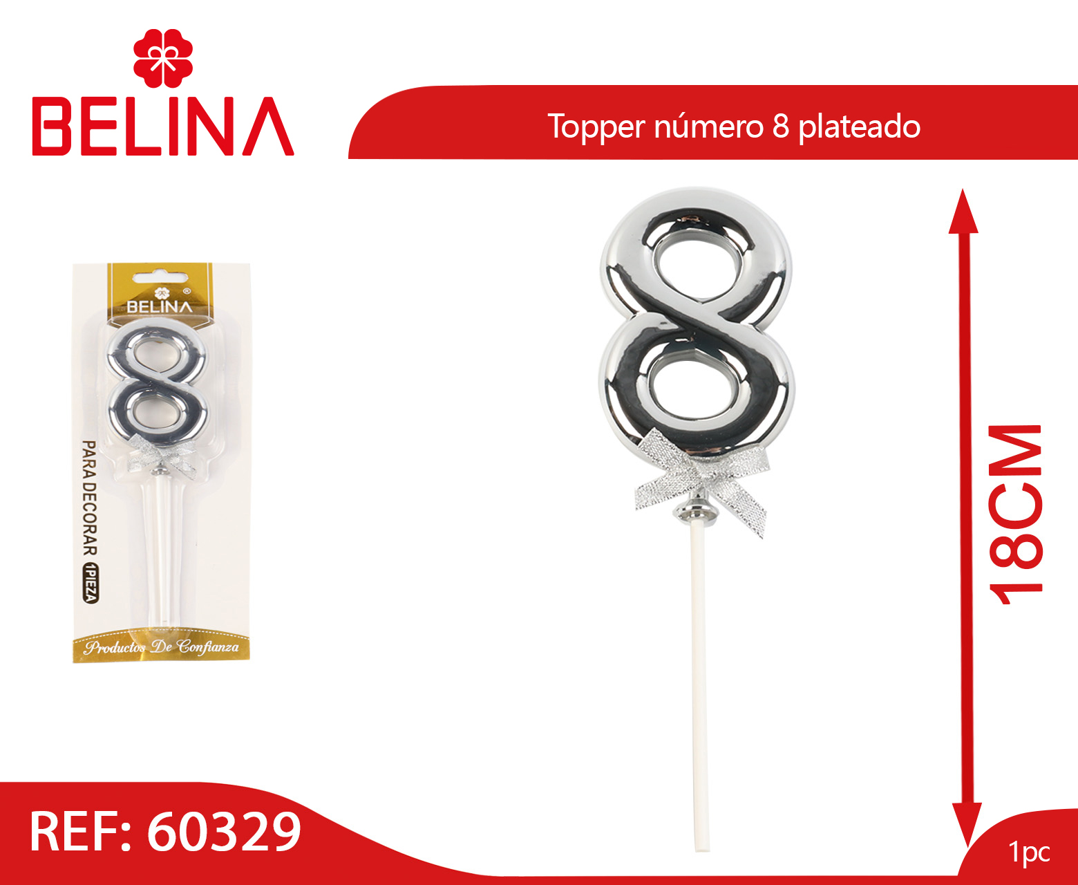 Topper de número 8 plateado – Belina Cotillón