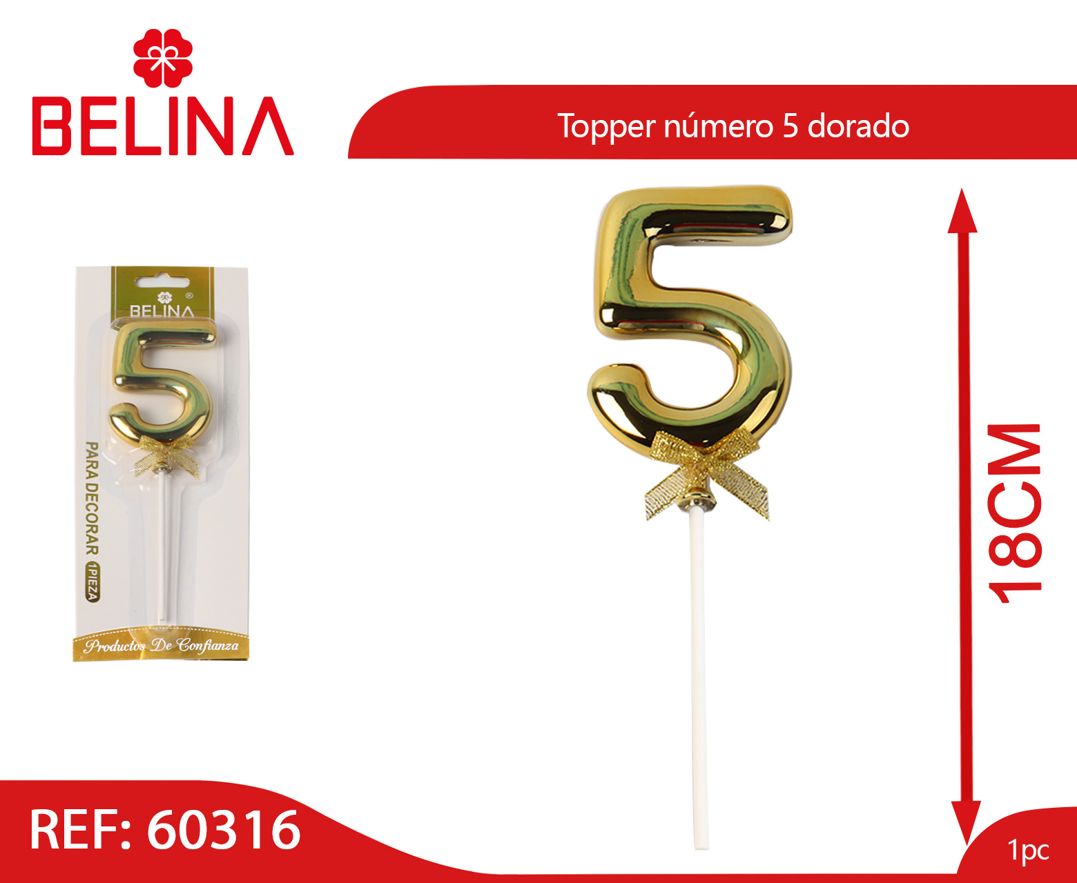 Topper de número 5 dorado – Belina Cotillón