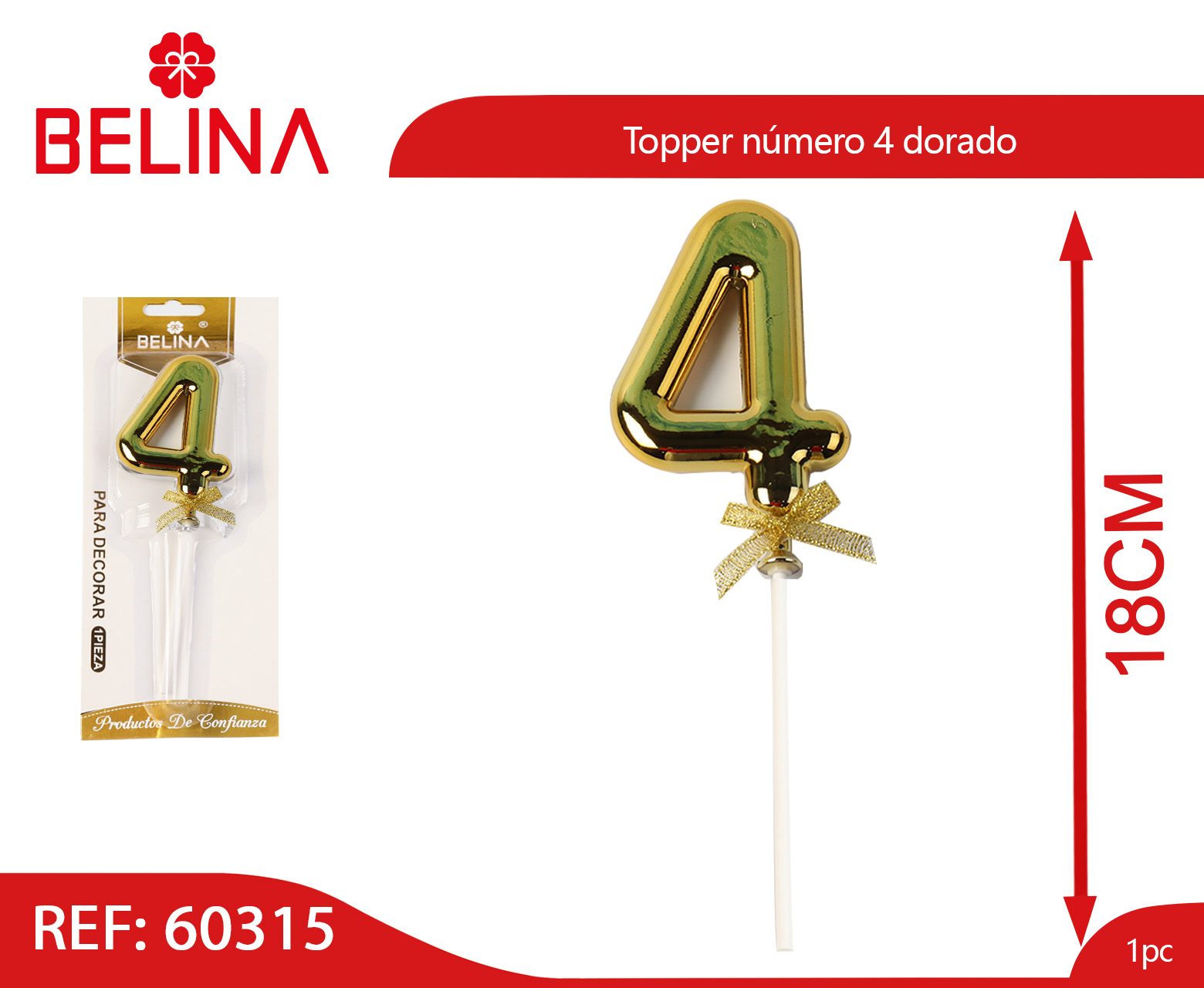 Topper de número 4 dorado – Belina Cotillón