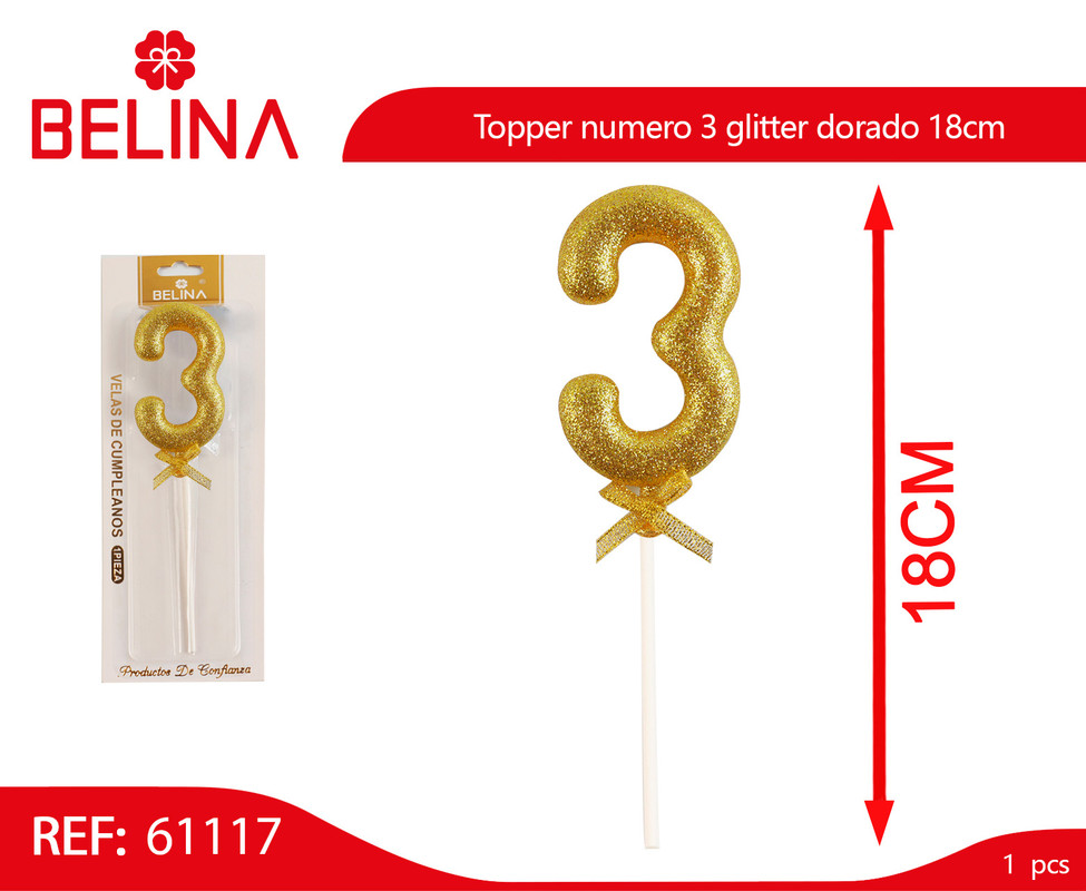 Topper numero 4 glitter dorado - Belina Cotillón