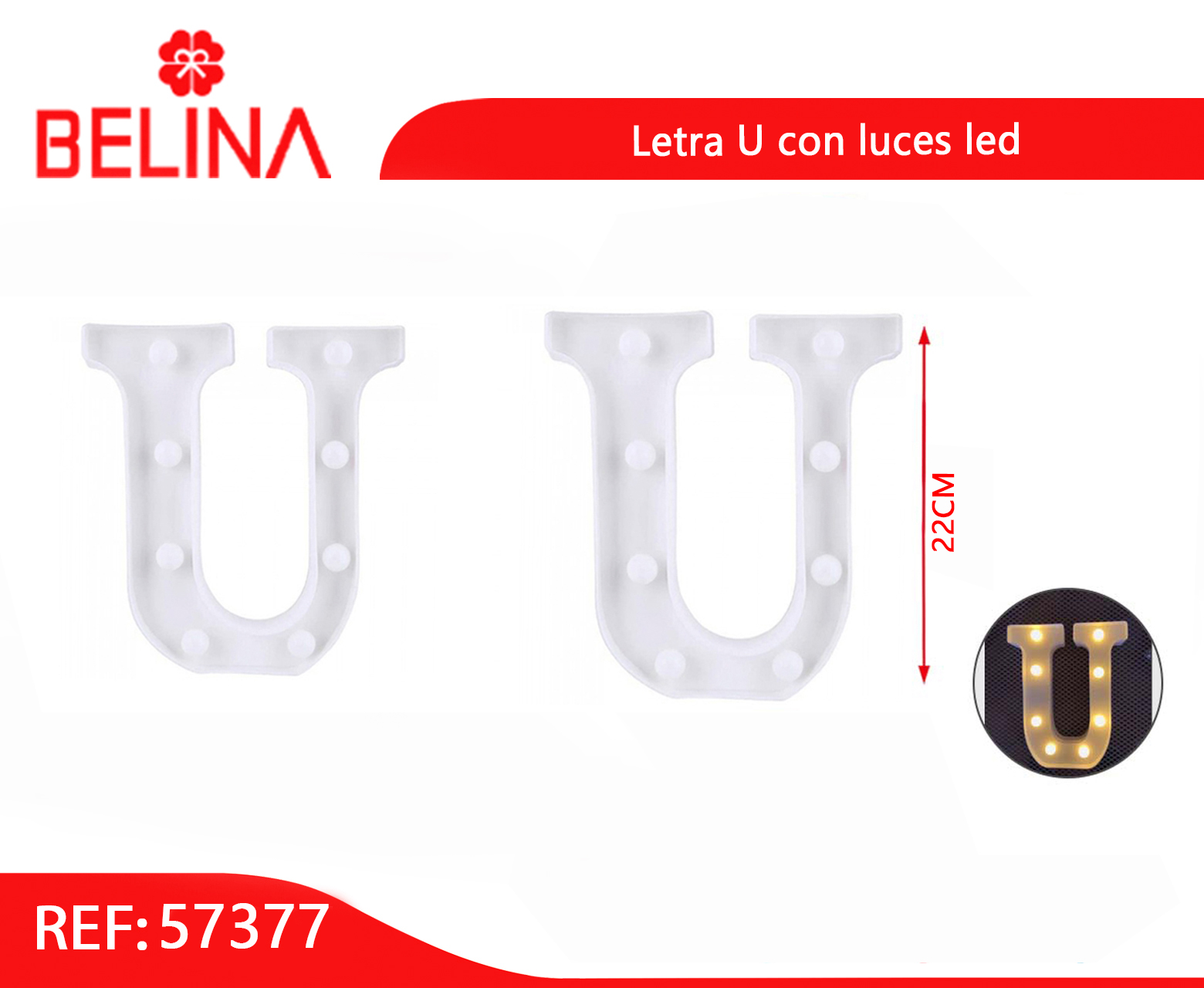Letra U Con Luz Led - Belina Cotillón