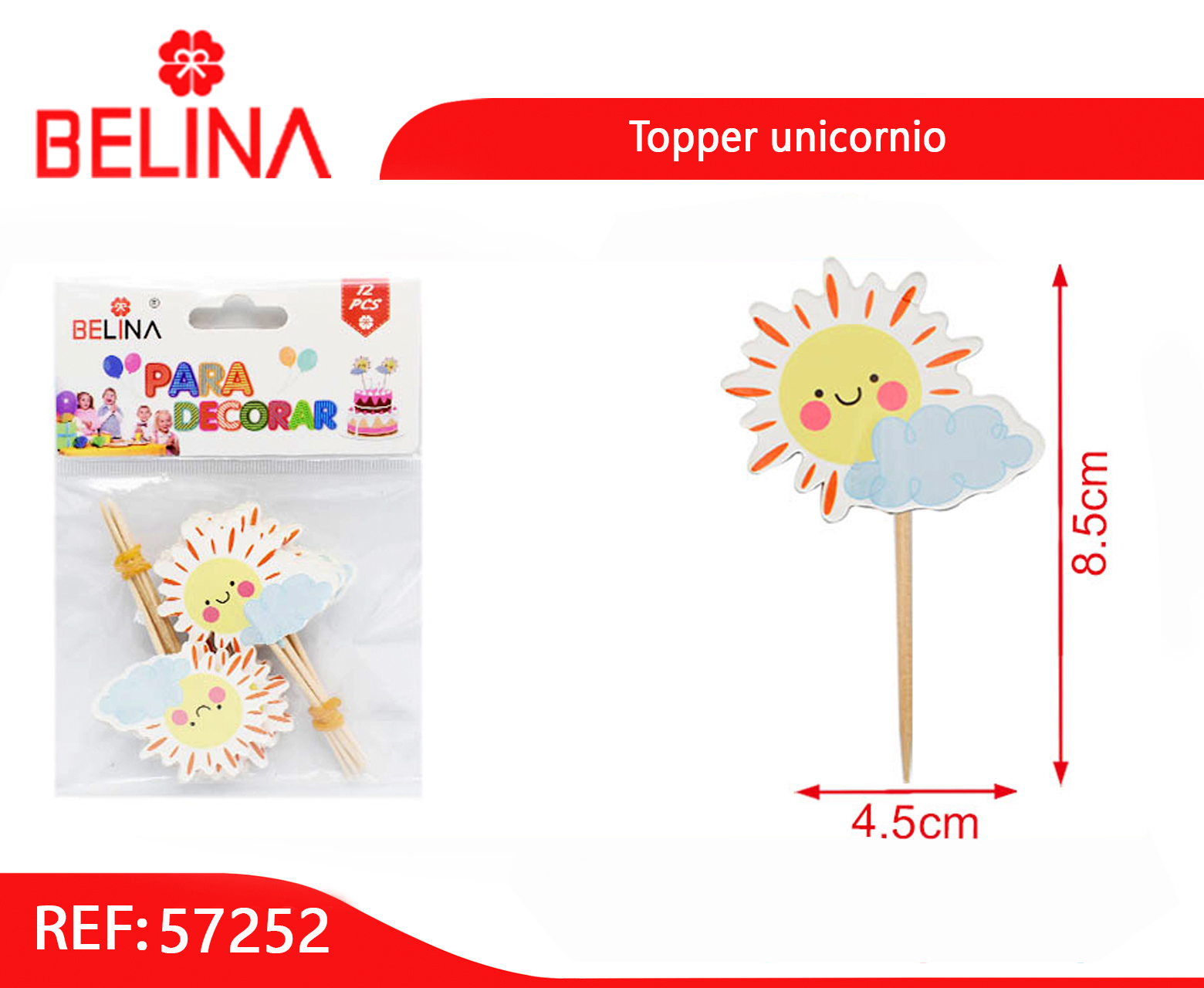 Topper Sol Con Nubes 12 Piezas 8,5cm - Belina Cotillón
