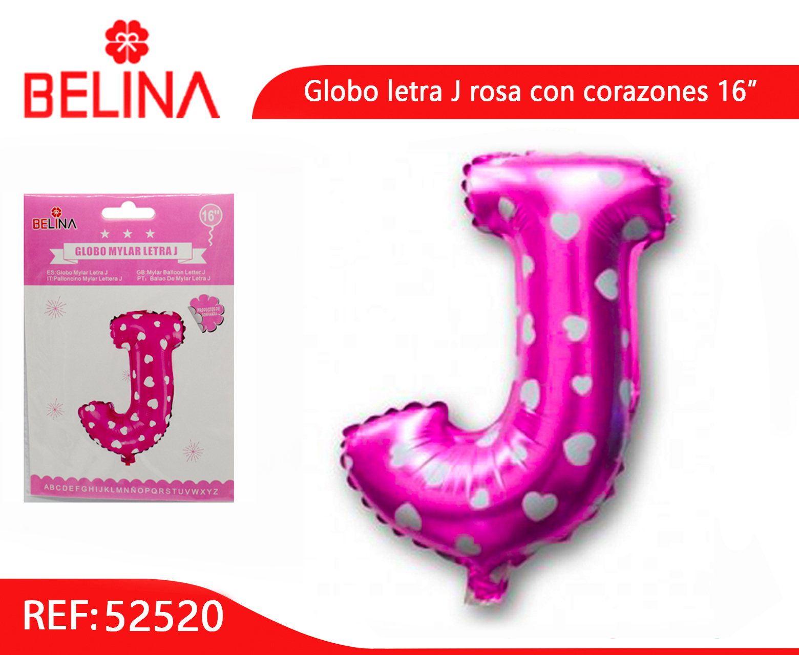 Globo Letra J Rosa 16 Pulgadas - Belina Cotillón