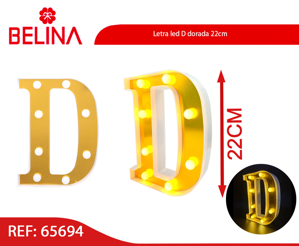 Letra led D dorada 22cm - Belina Cotillón