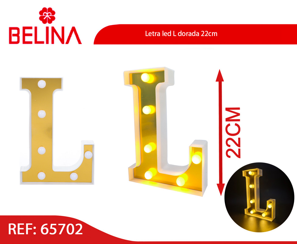 Letra led L dorada 22cm - Belina Cotillón