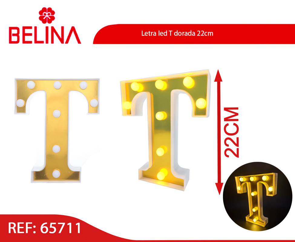 Letra led T dorada 22cm - Belina Cotillón