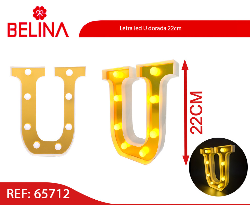 Letra led U dorada 22cm - Belina Cotillón
