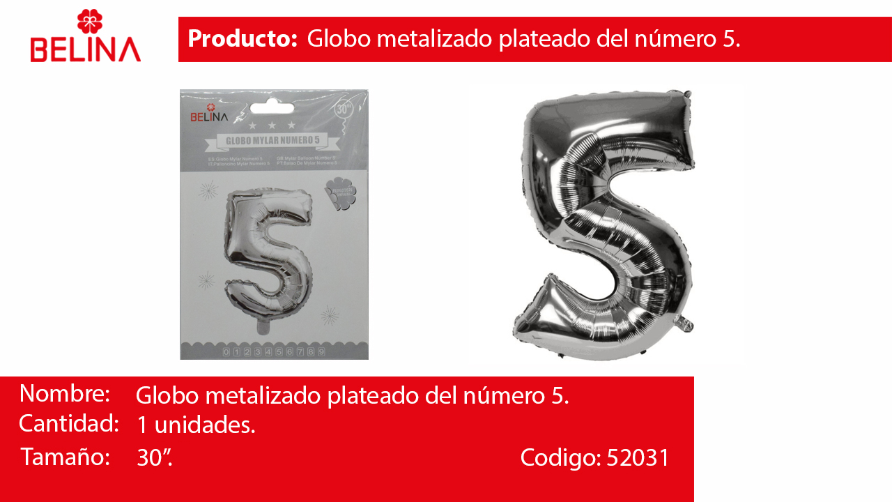 Globo Número 5 Plata 30 Pulgadas - Belina Cotillón
