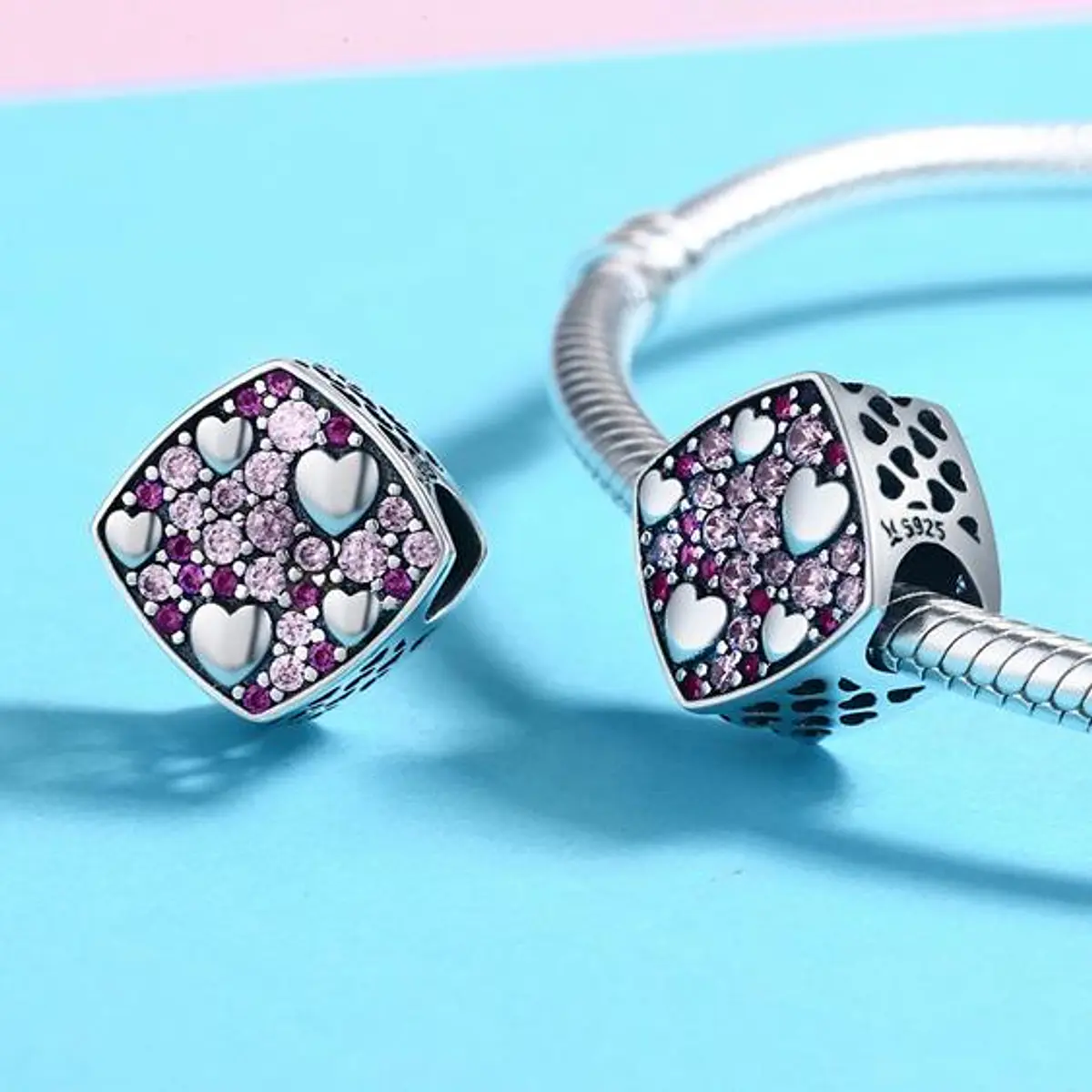 Cuadrado Pink Crystal Charm Plata 925