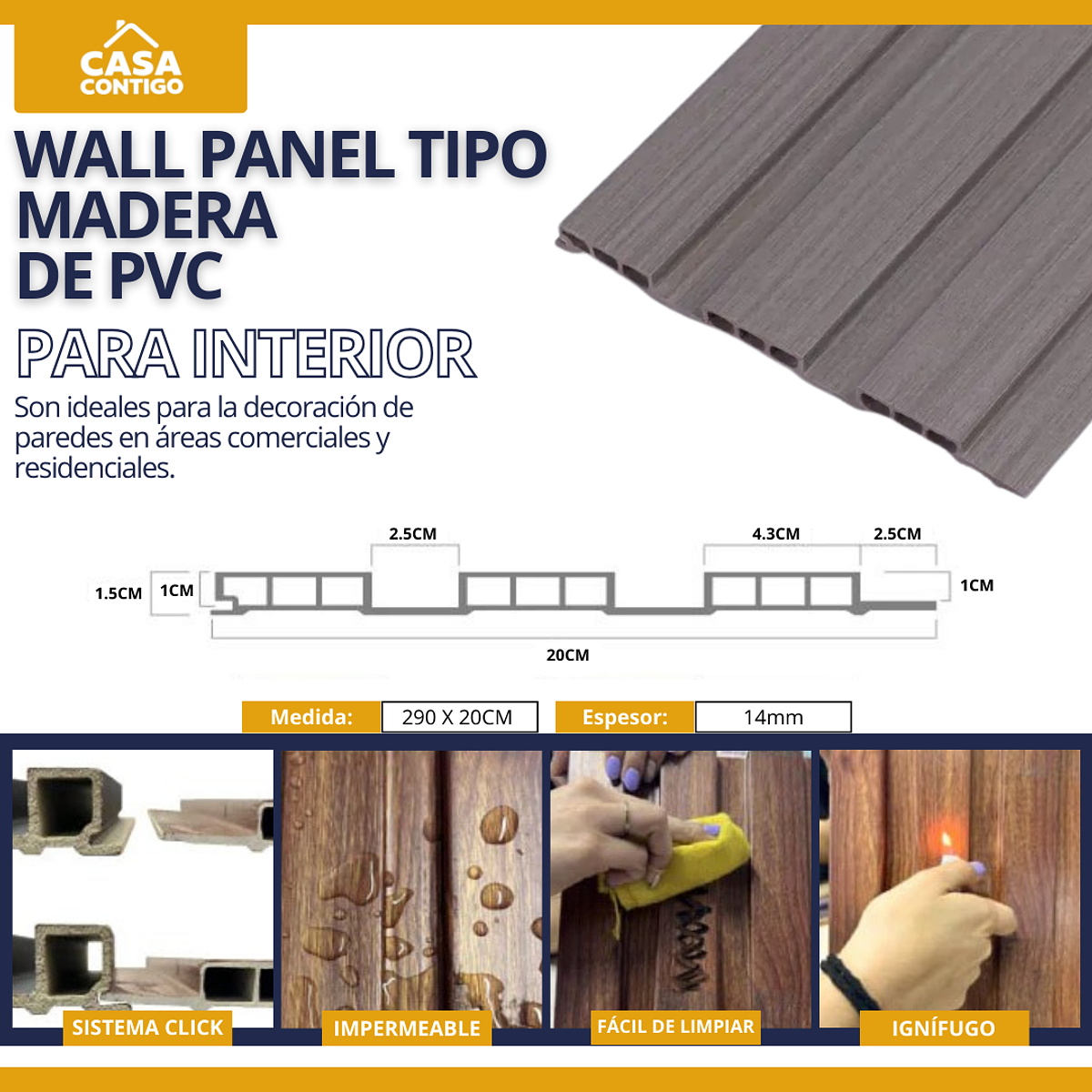 Panel de PVC tipo madera 19.5 cm x 290 cm Gris | Casa Contigo