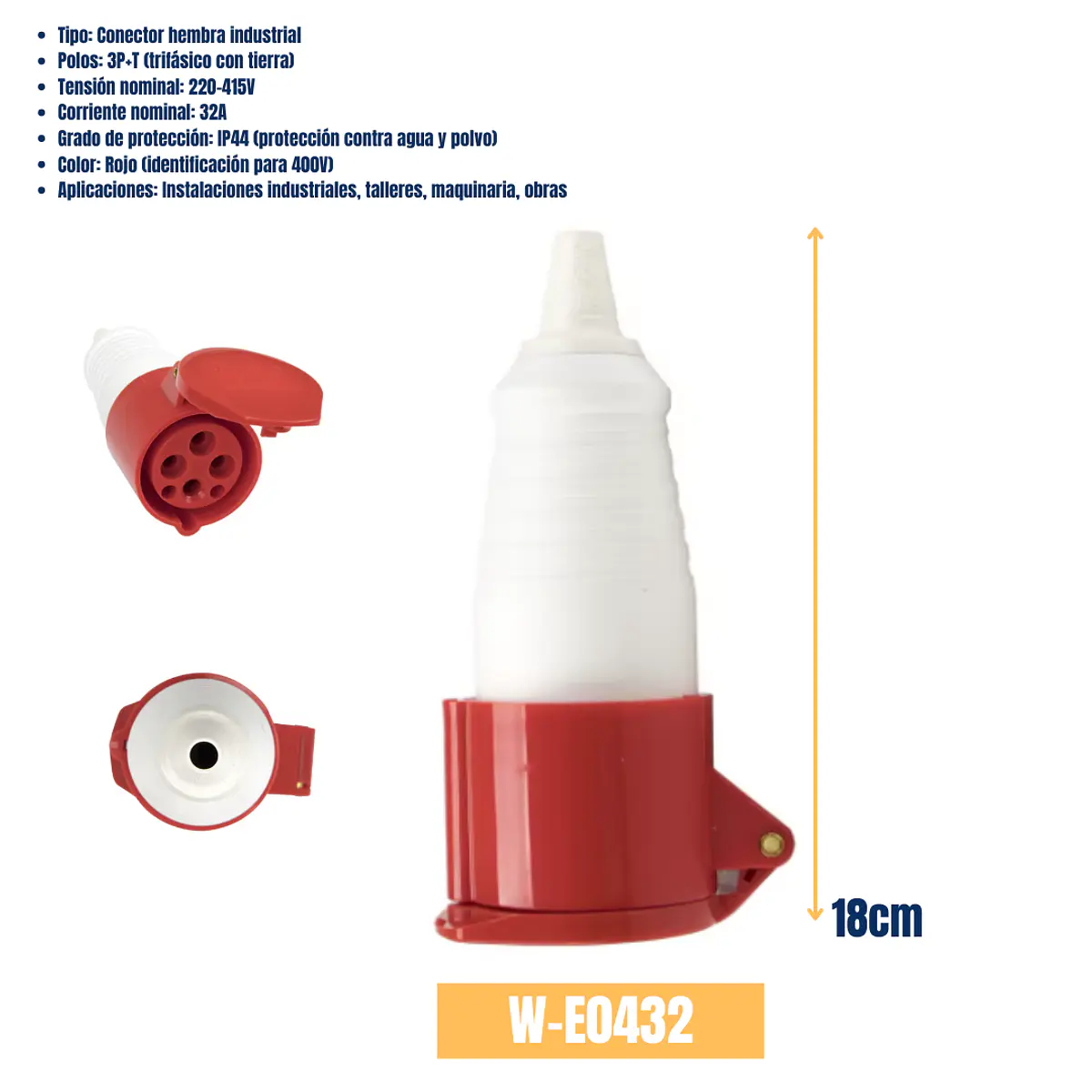 CONECTOR INDUSTRIAL HEMBRA IP44 3P 1T 220-415V 32A ROJO | Casa Contigo