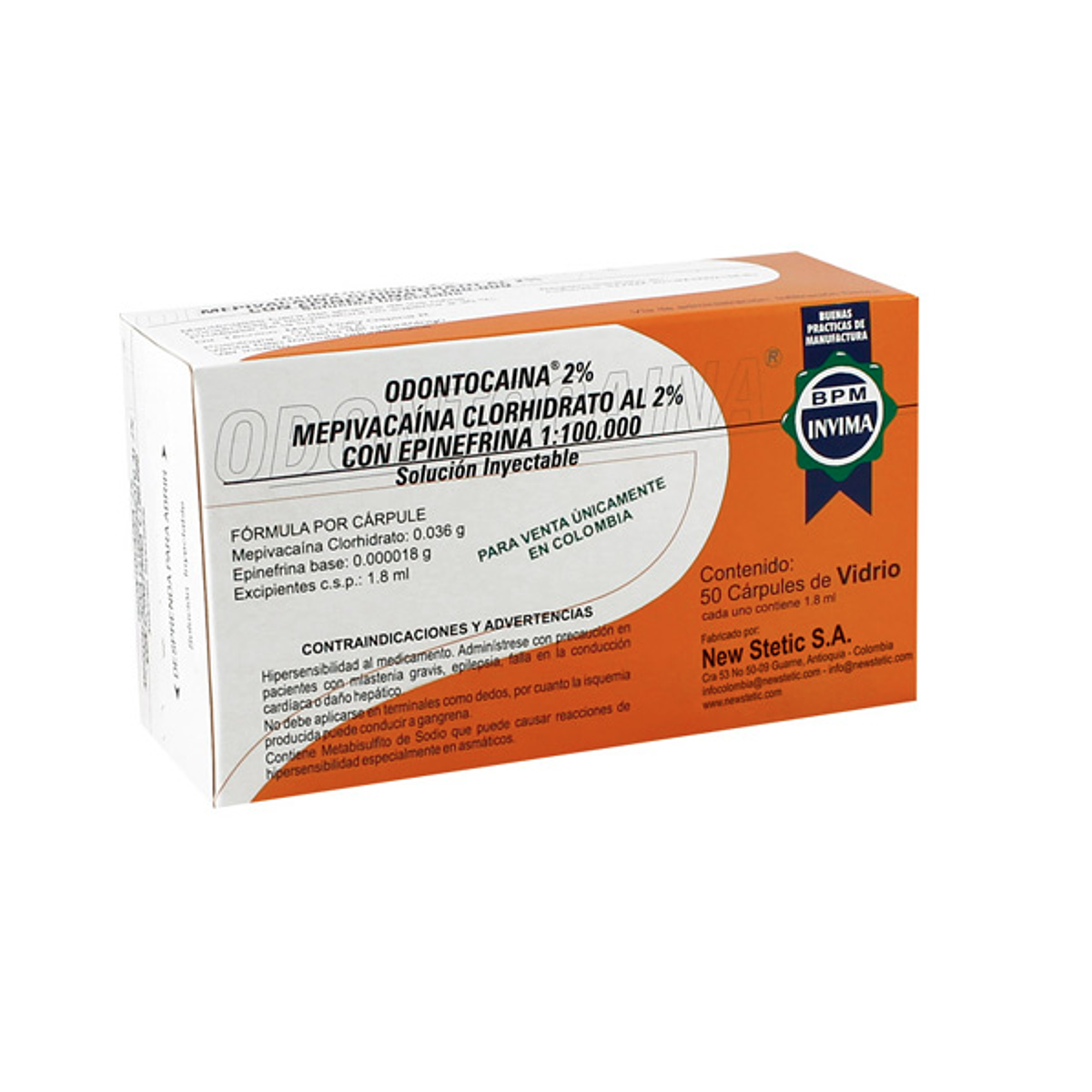 ANESTESIA ODONTOCAINA - MEPIVACAINA 2% CON EPINEFRINA 1:100.