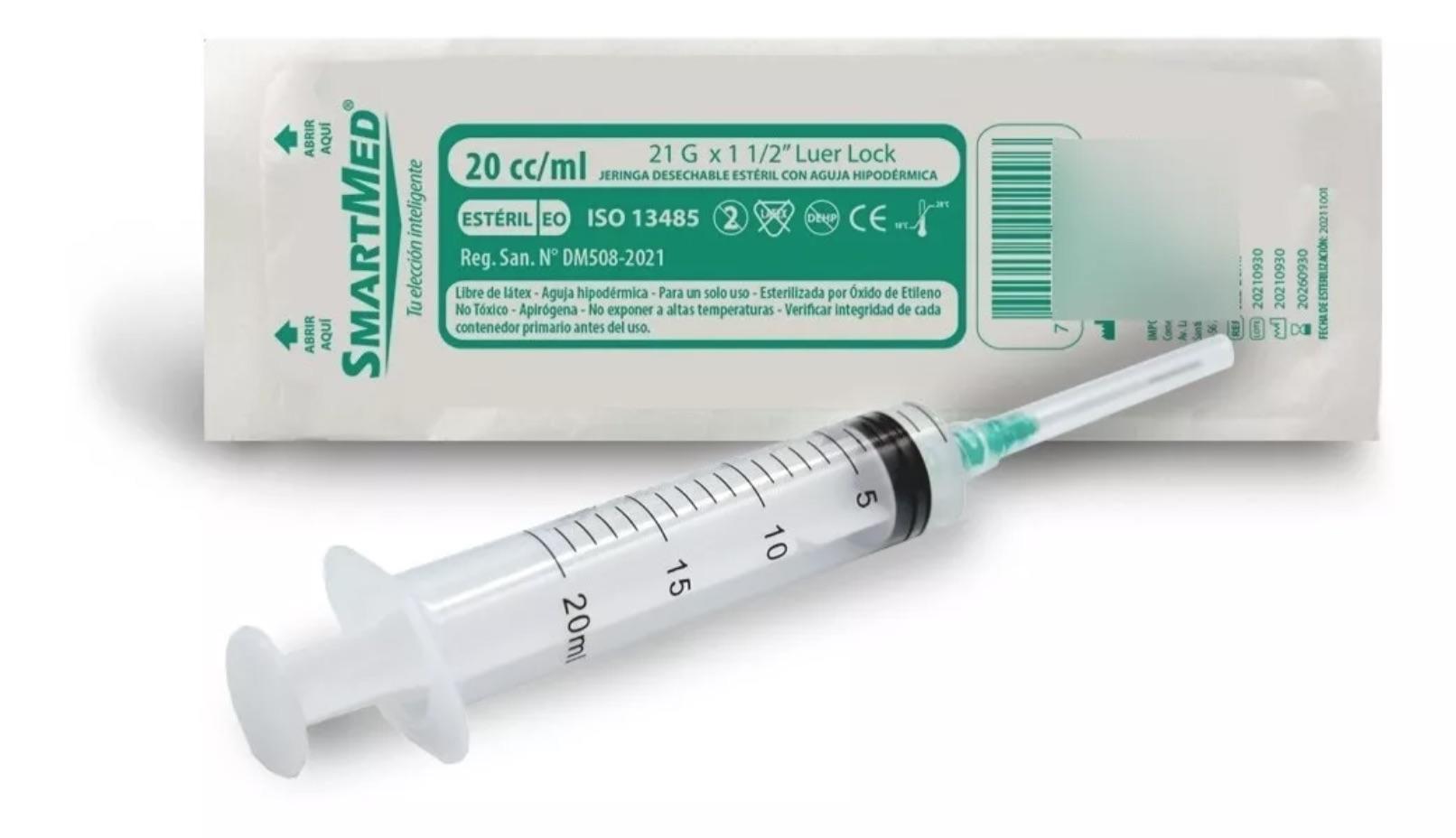 Jeringa Luer Lock 20ml C/aguja 21g X 1 1/2 Smartmed X 50 Und