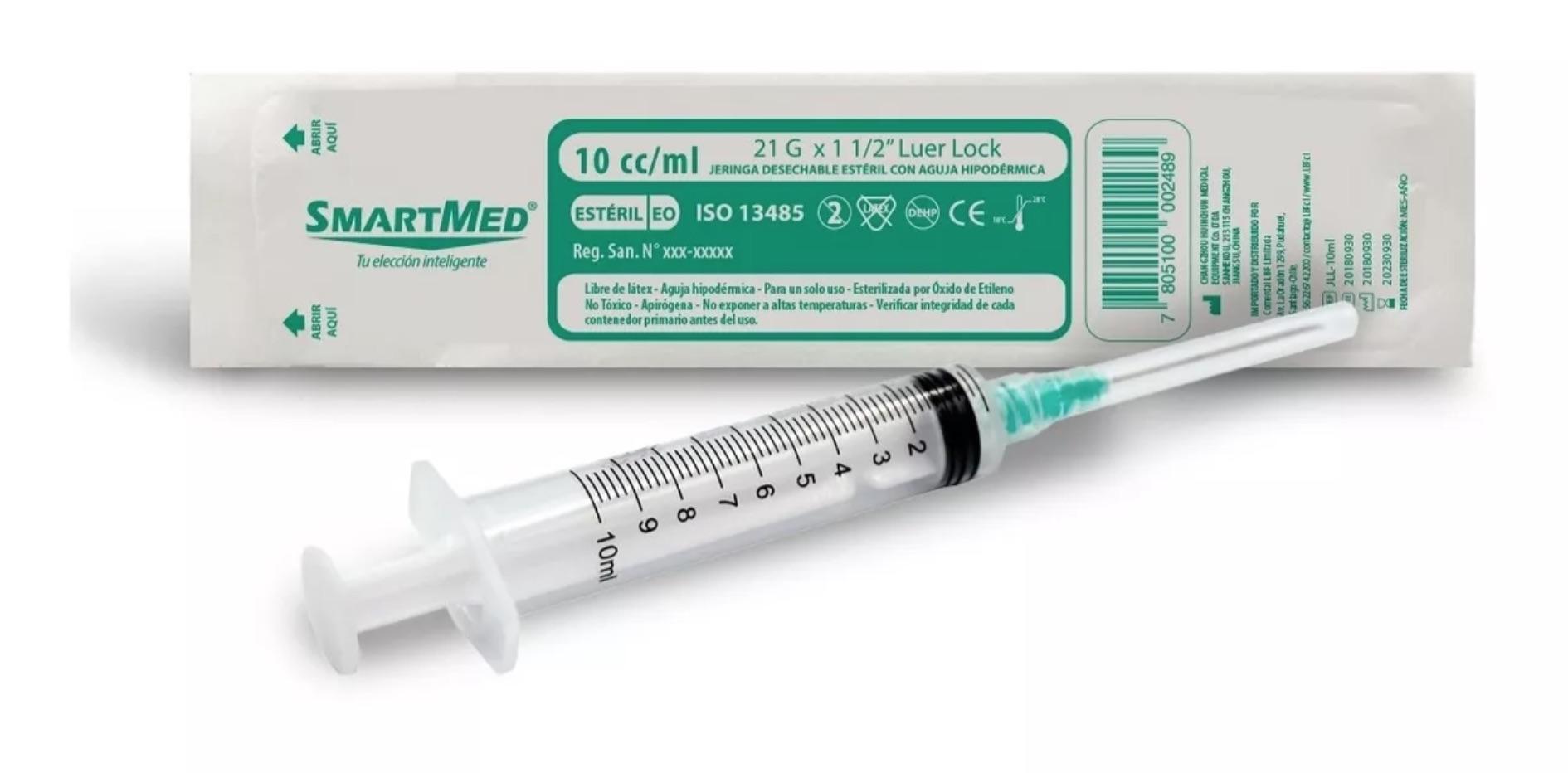 Jeringa Luer Lock 10ml C/aguja 21g X 1 1/2 Smartmed X 100