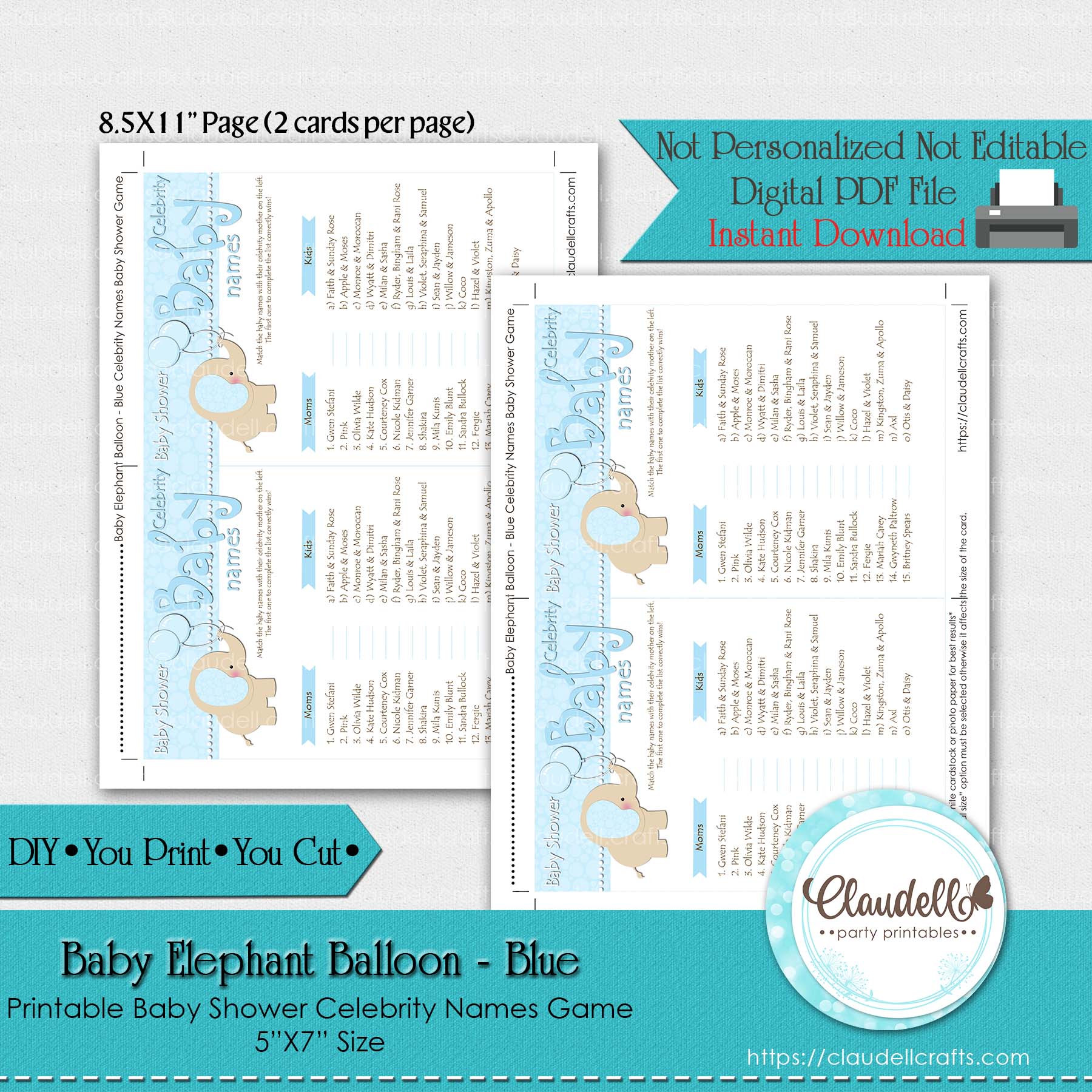 Baby Elephant - Blue Baby Celebrity Names Baby Shower Game C