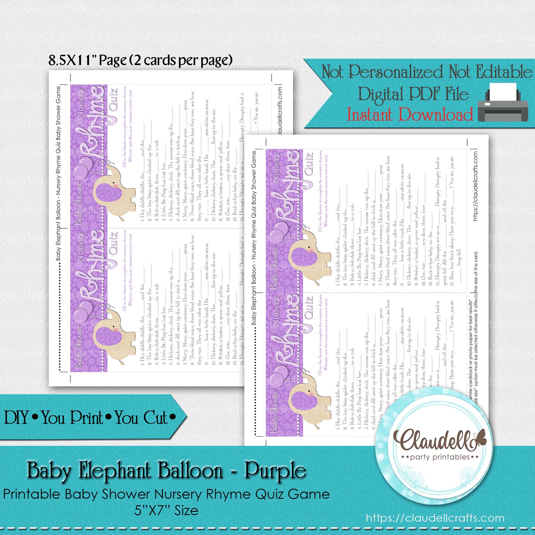 Baby Elephant - Purple Nursery Rhyme Quiz Baby Shower Game C