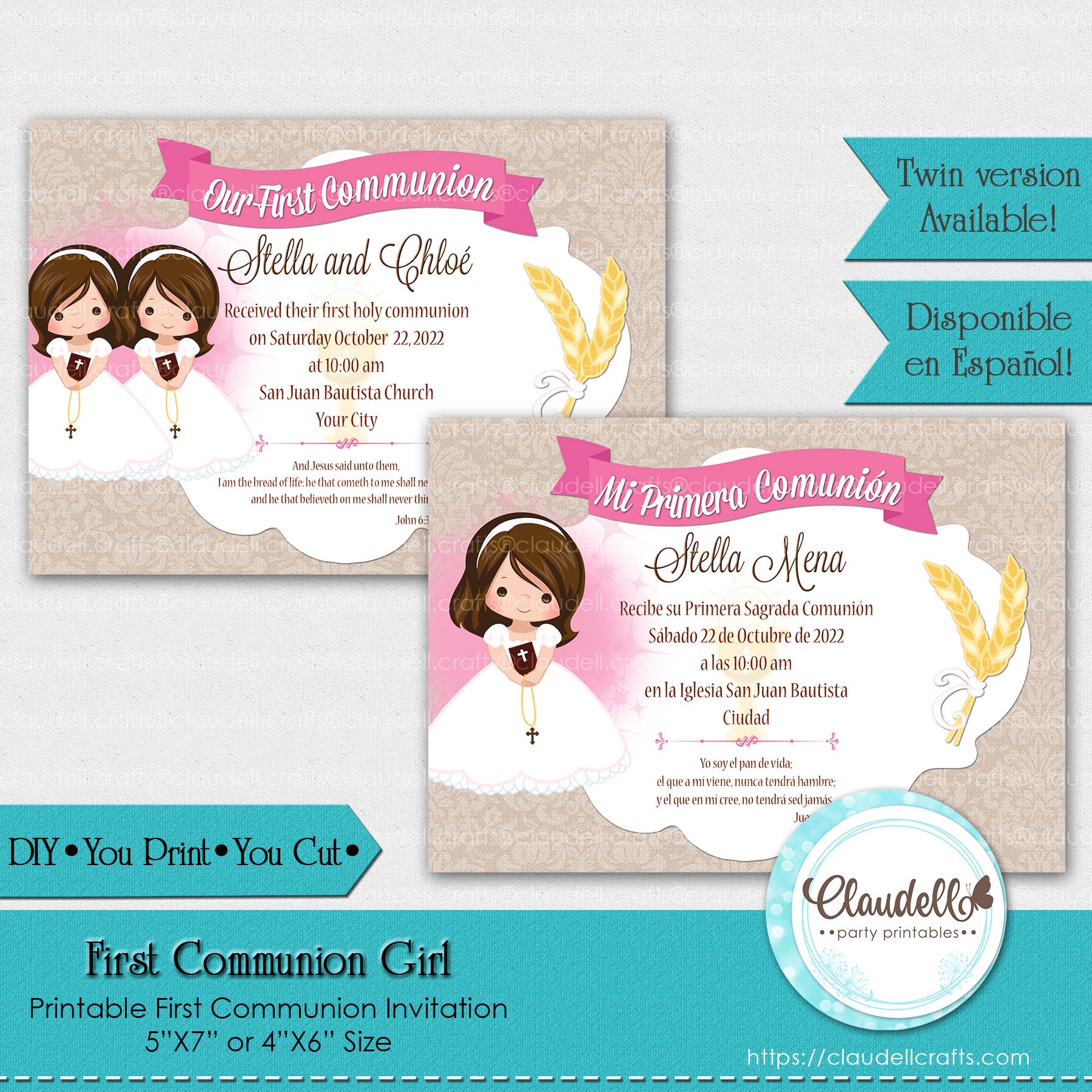 First Communion Girl Printable Invitation Card Comunión Niña