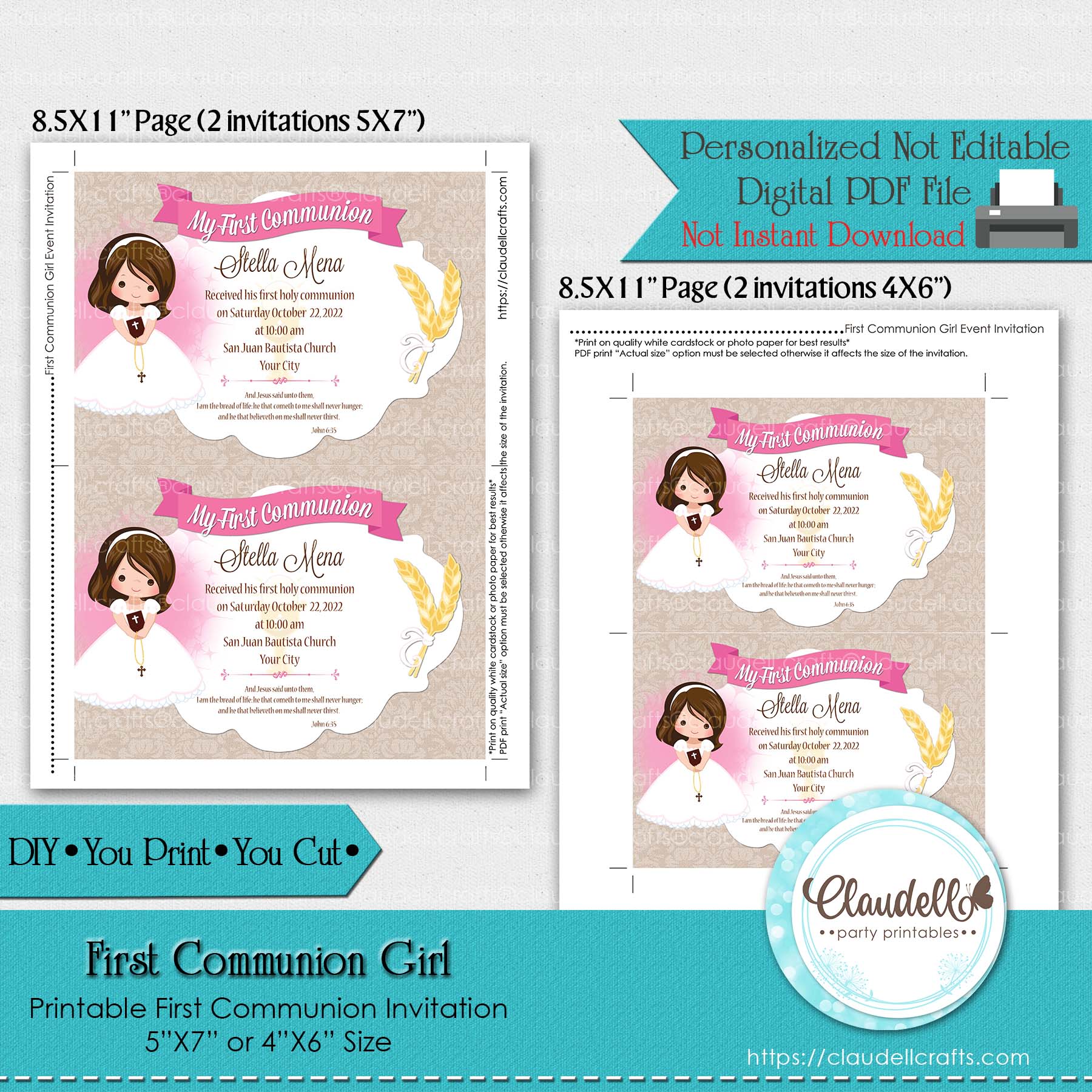 First Communion Girl Printable Invitation Card Comunión Niña