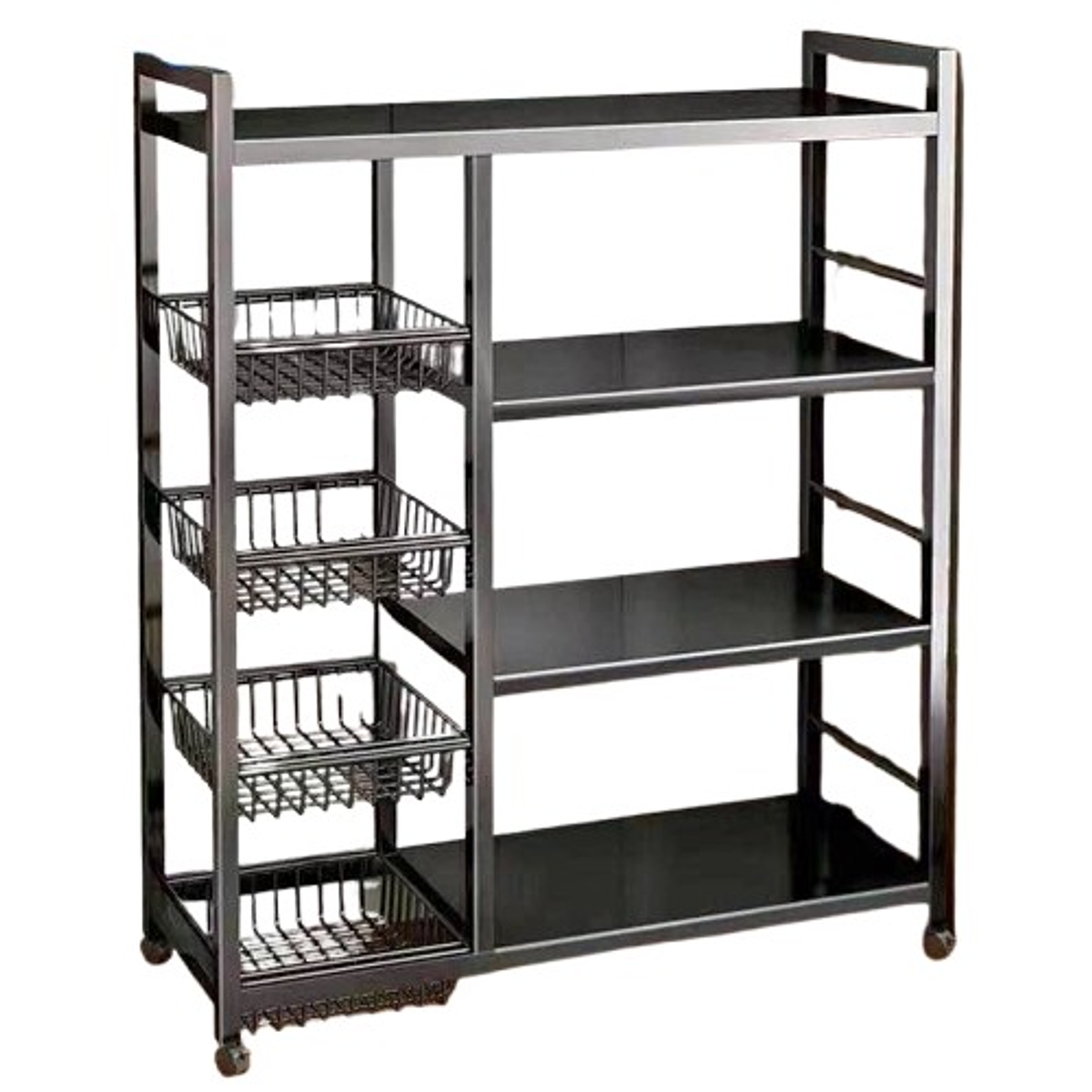 Estante 4 niveles con cesta ruedas 360° estantes ajustables | Click Ventas