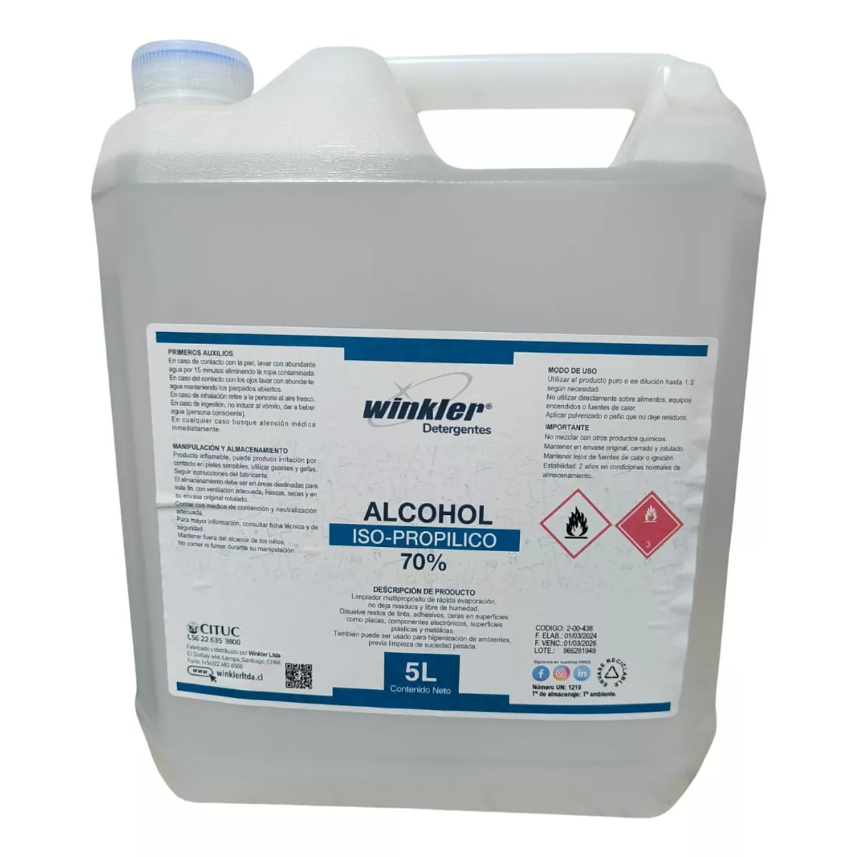 Alcohol Isopropílico 70% Winkler 5 Litros