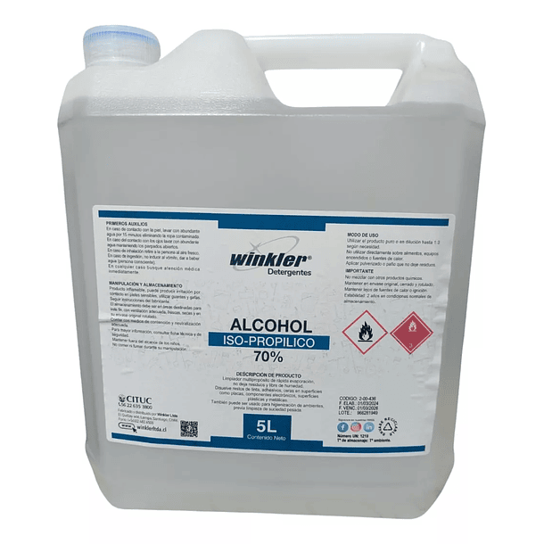 Alcohol Isopropílico 70% Winkler 5 Litros