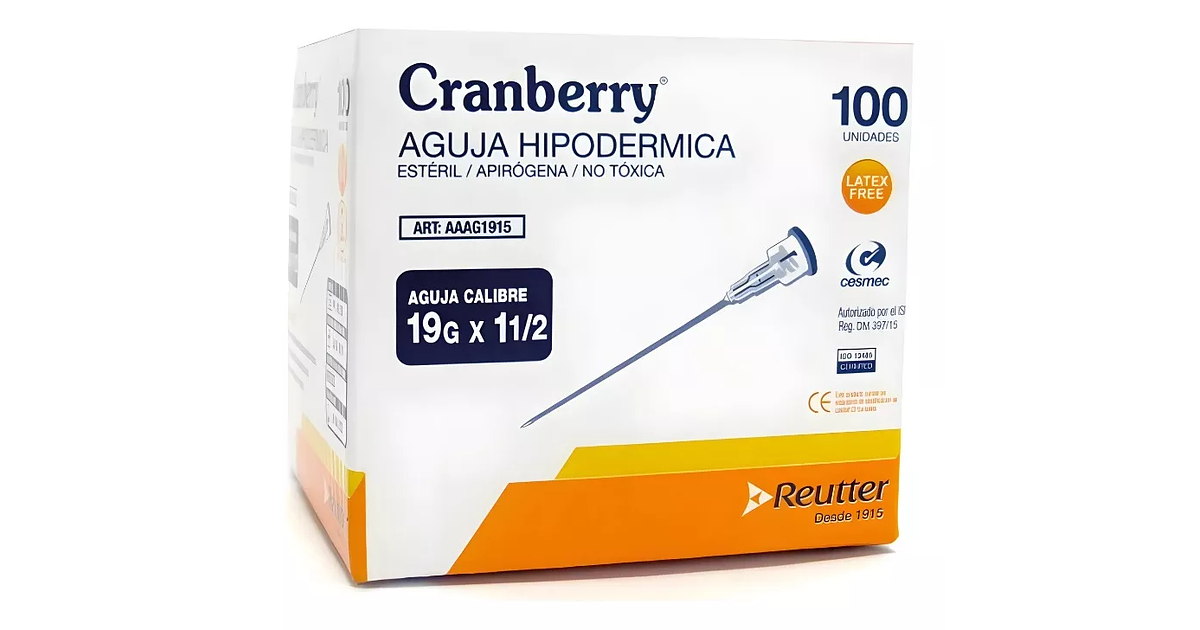 Aguja HiPodérmica 19g 1 1/2 Cranberry Caja 100 Unidades - Cr