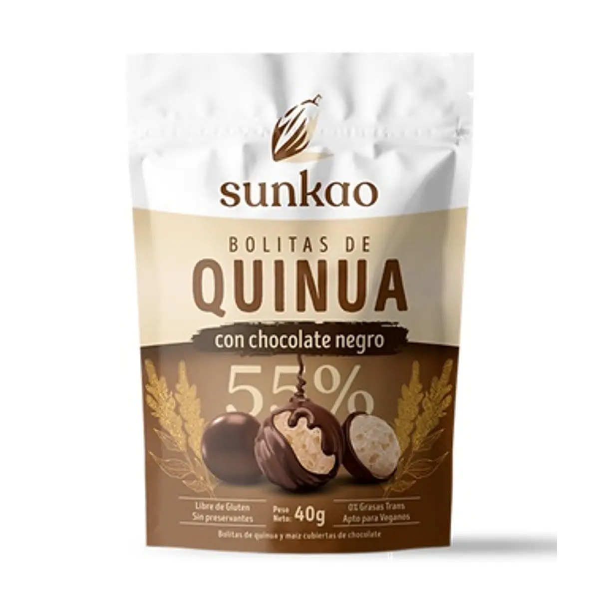 BOLITAS DE QUINOA Y MAIZ CUBIERTAS CON CHOCOLATE AMARGO 40 G