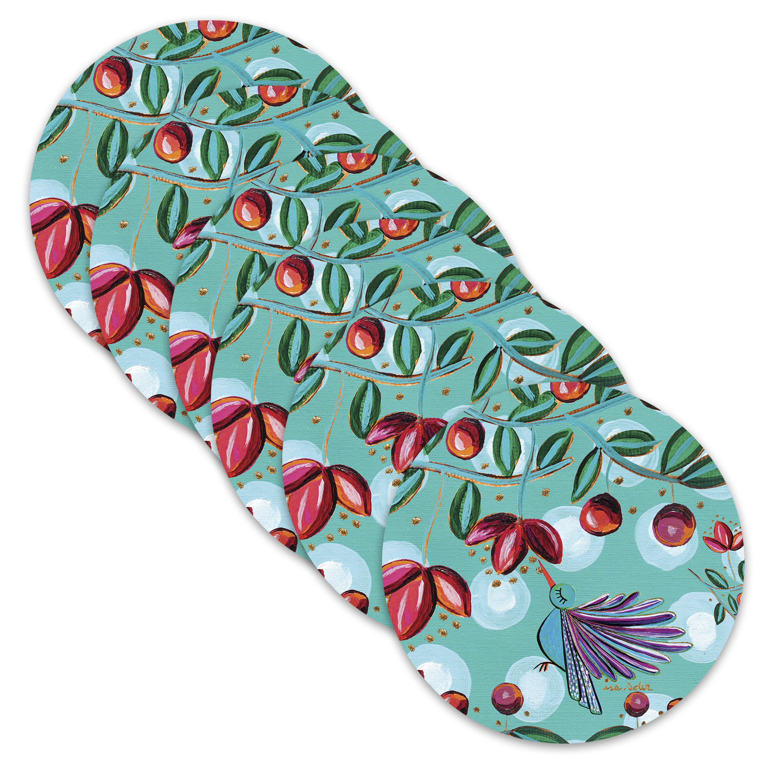 SET 6 INDIVIDUALES REDONDO COLIBRÍ TURQUESA