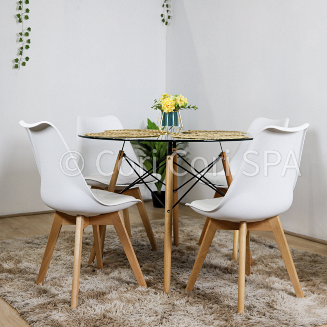 Comedor Mesa Eames Vidrio 80cms + 4 Sillas Tulip