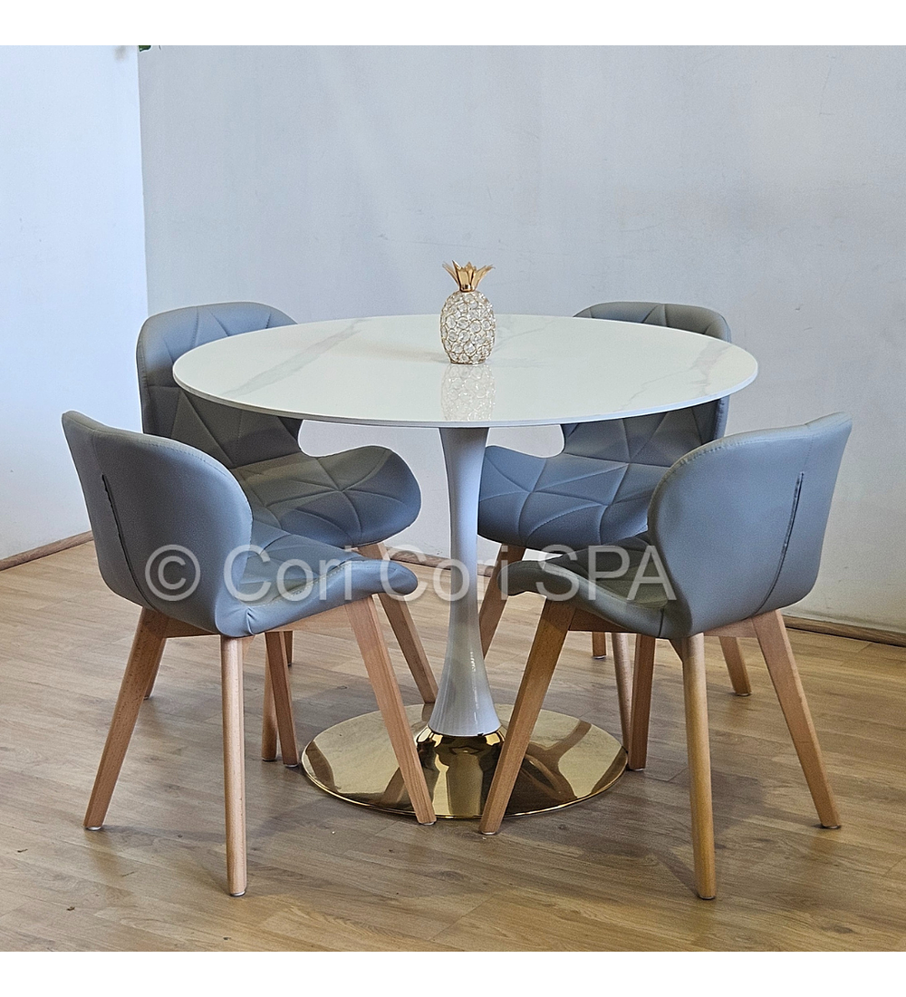 Comedor Tulip Gold Mármol 100cm + 4 Sillas Mariposa Ecocuero