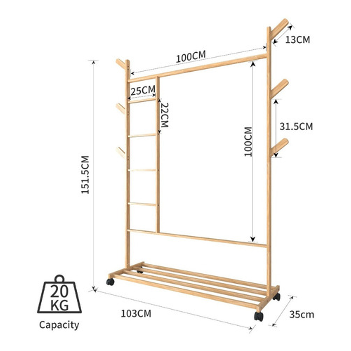 Perchero 100 Cm De Bamboo Con Ruedas Organizador | CRUSEC