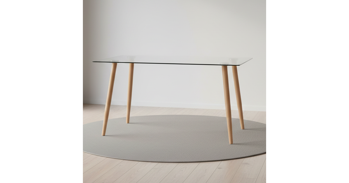 Mesa de Comedor Rectangular de Cristal y Patas Estilo Madera