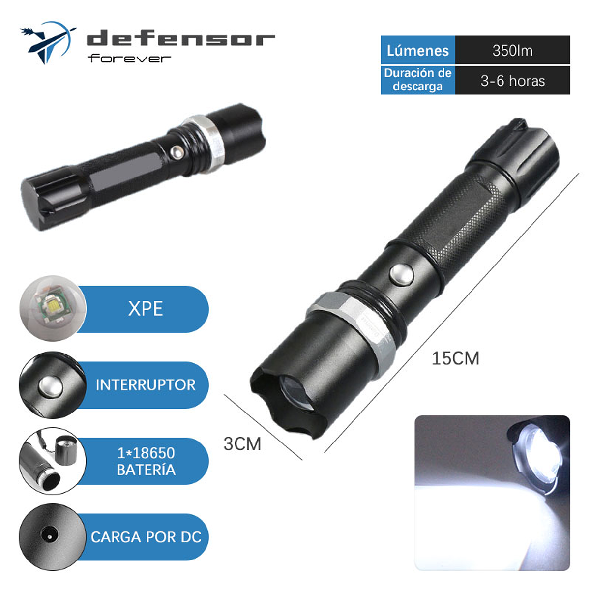 Linterna luz blanca con zoom recargable